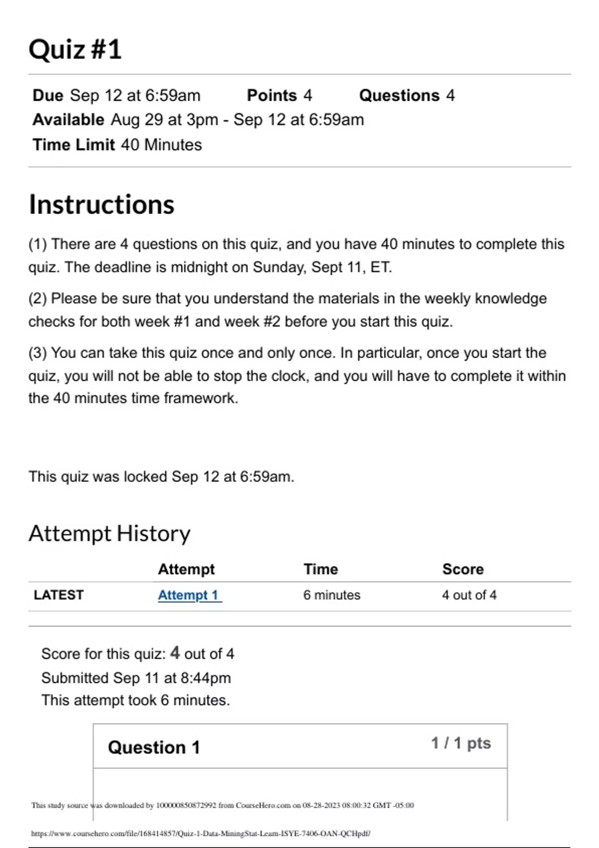 ISYE 7406 Quiz #1_ Data Mining & Stat Learn | All Answers are Correct ...