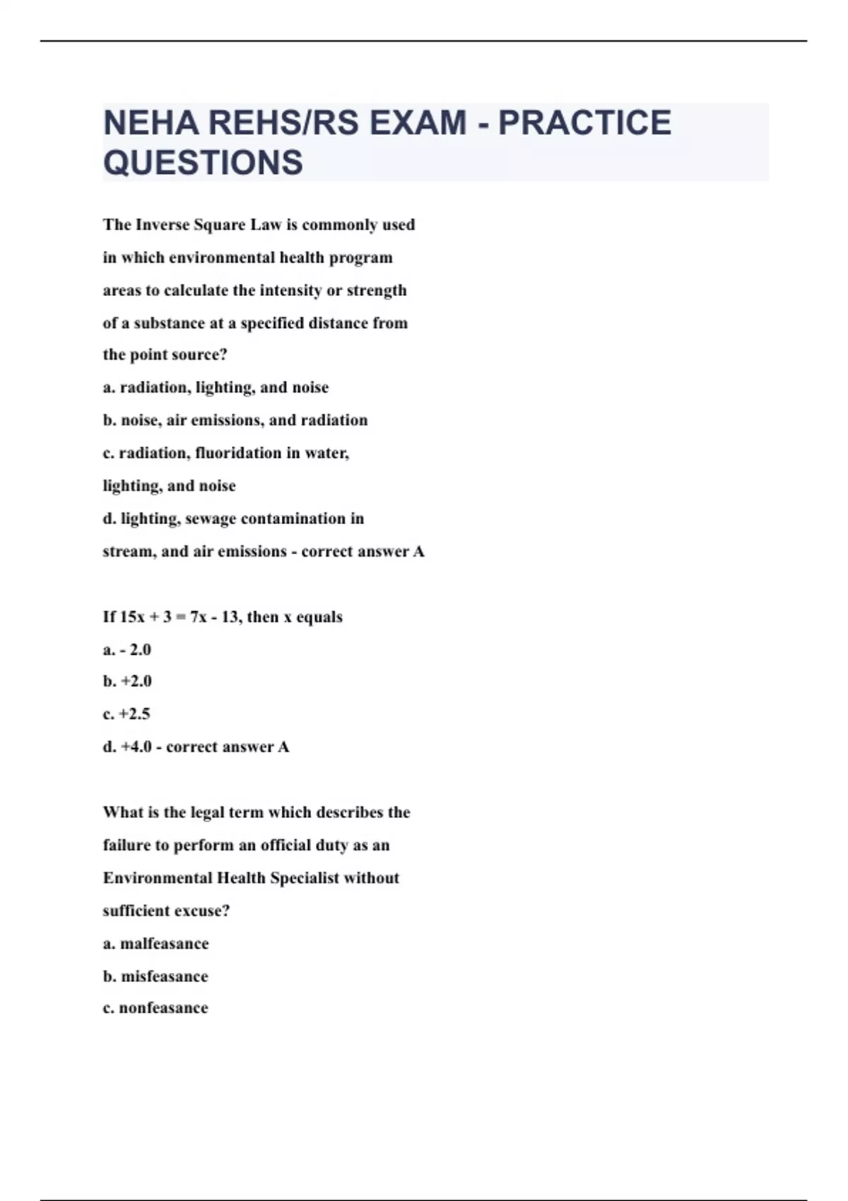 NEHA REHS RS EXAM - PRACTICE QUESTIONS|2023/24 UPDATE|GRADED A+ ...