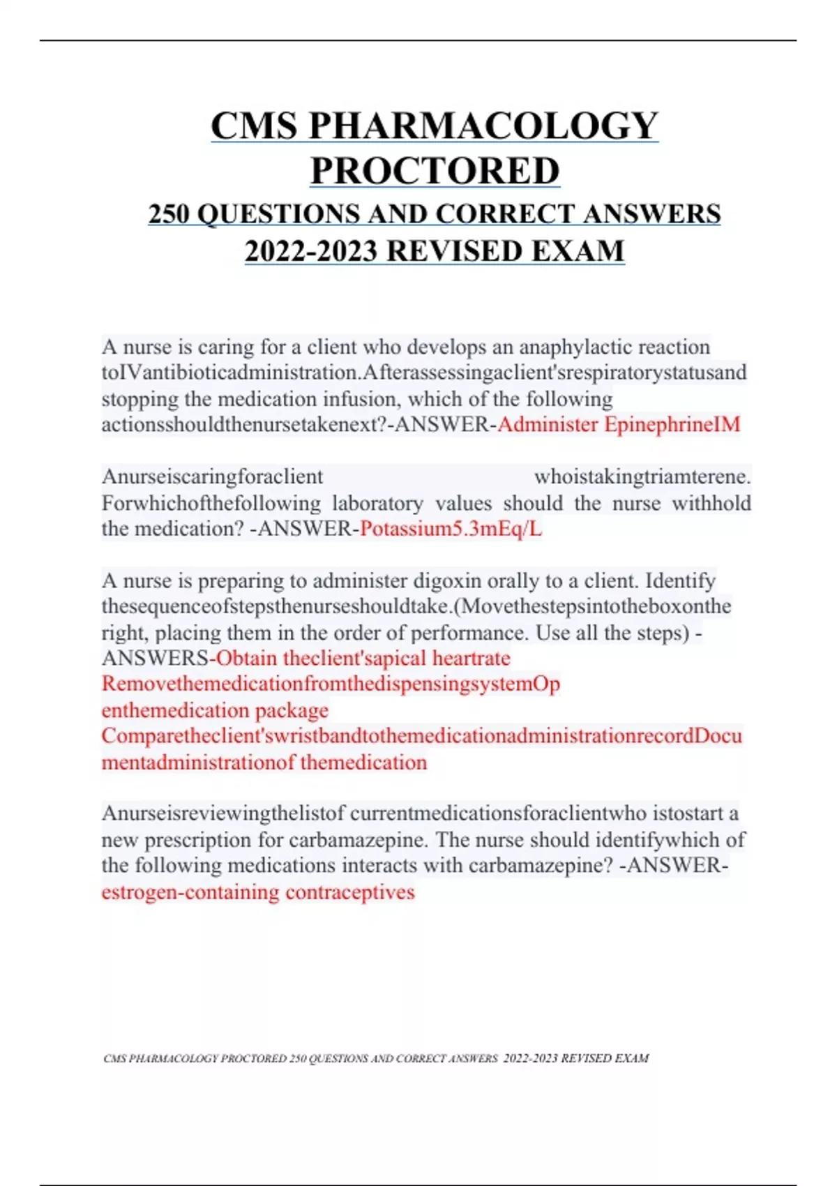 CMS PHARMACOLOGY PROCTORED 250 QUESTIONS AND CORRECT ANSWERS REVISED ...
