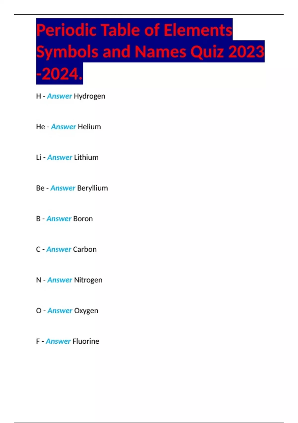 Periodic Table Of Elements Symbols And Names Quiz Periodic Table Of