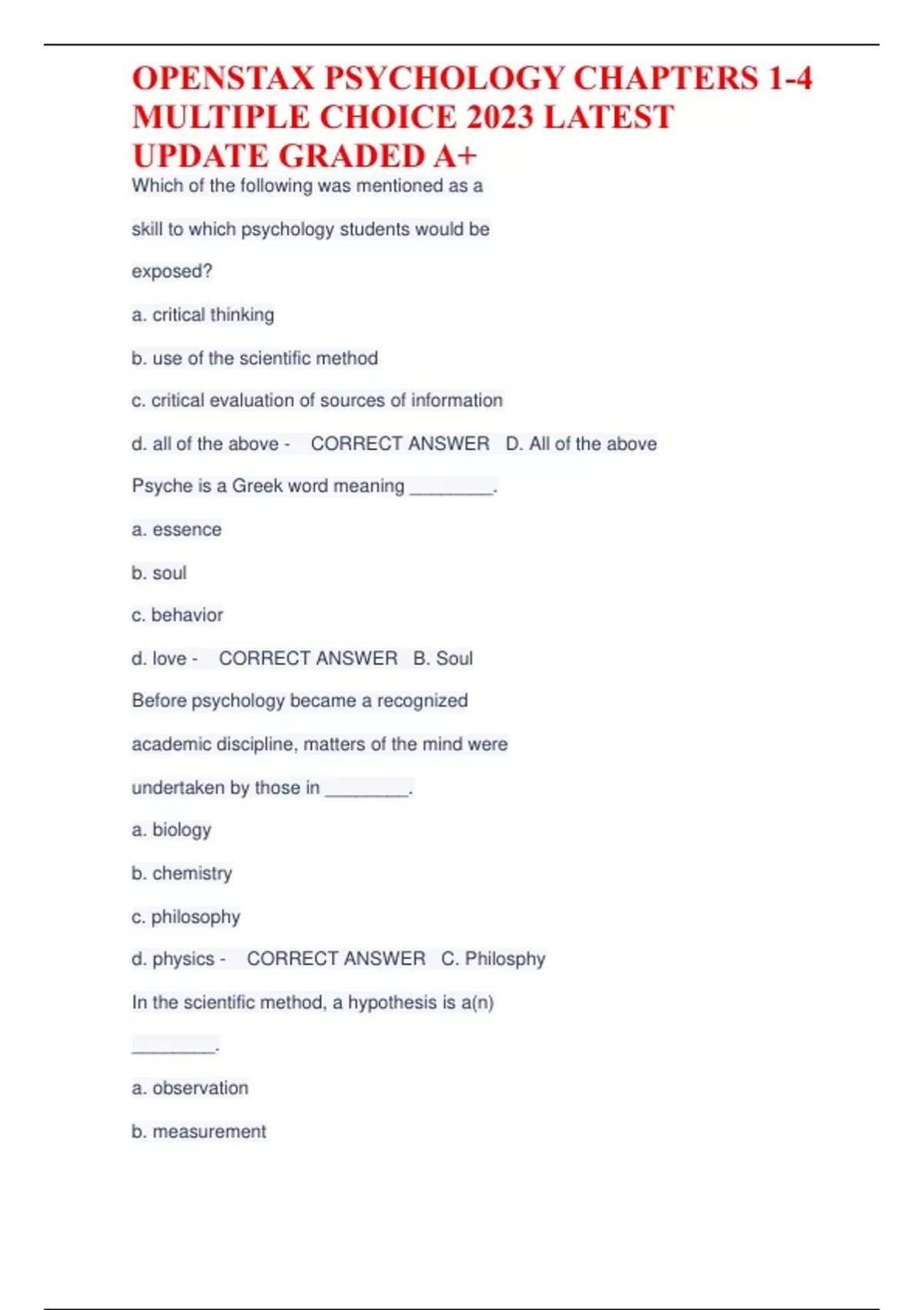 OPENSTAX PSYCHOLOGY CHAPTERS 1-4 MULTIPLE CHOICE 2023 LATEST UPDATE ...