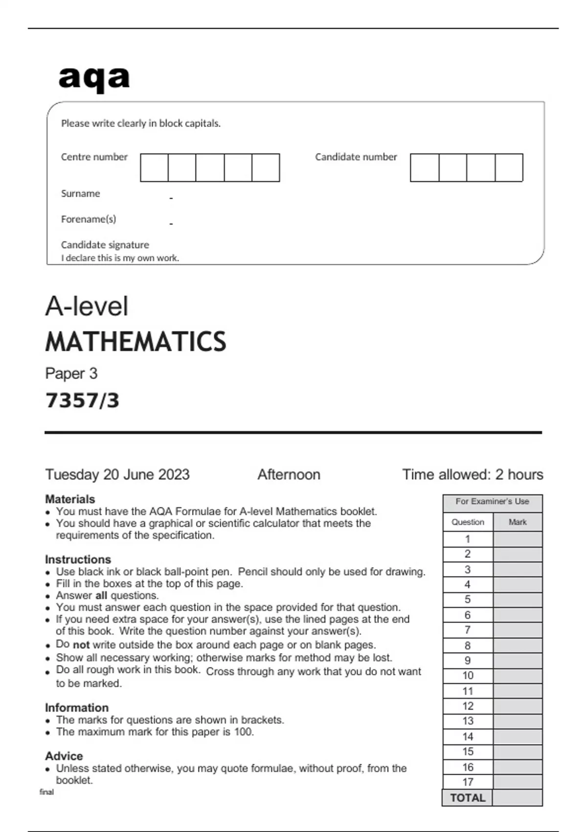 Aqa A level Mathematics 7357/3 Question Paper and Mark Scheme June2023. - Stuvia US