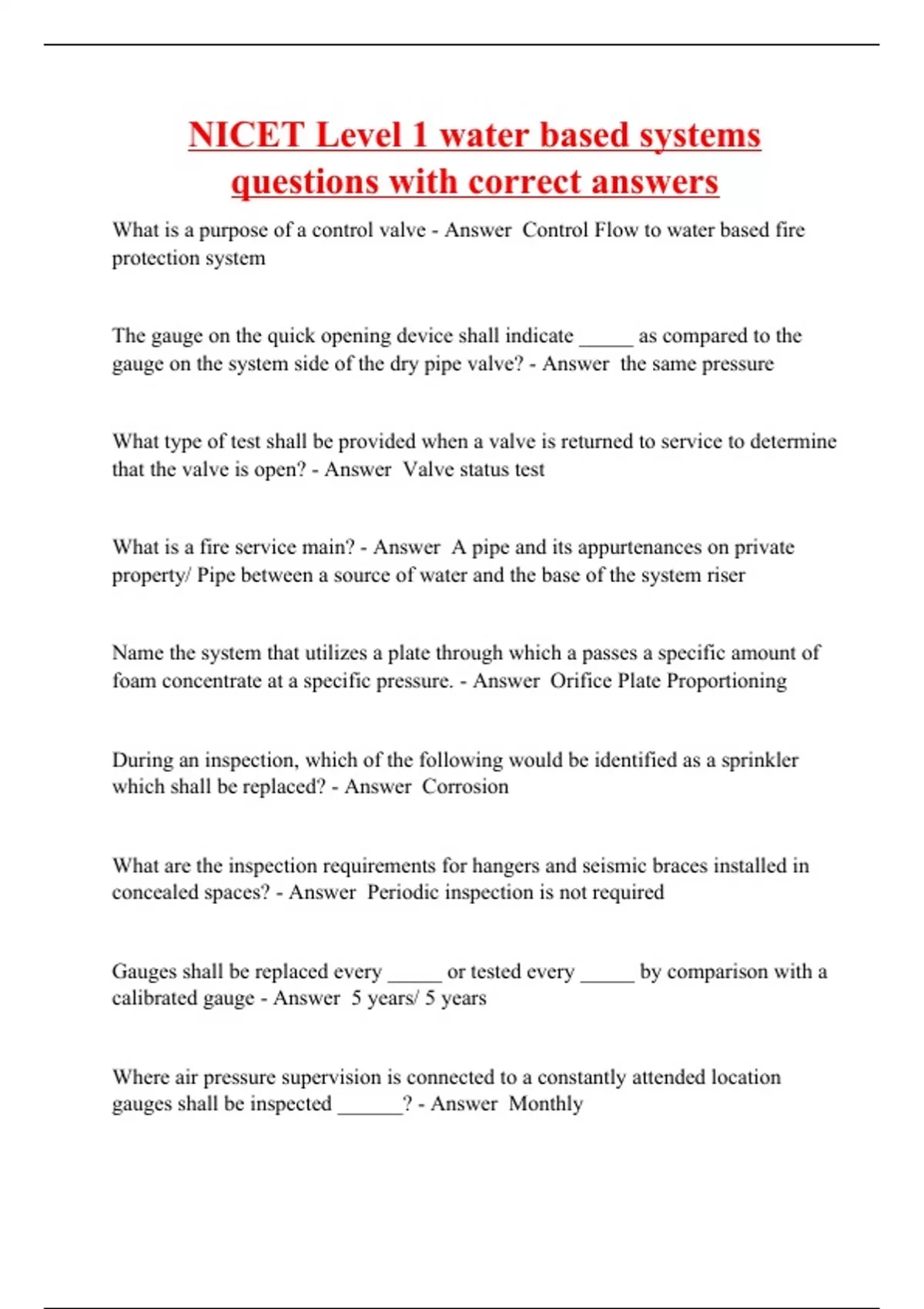 NICET Level 1 water based systems questions with correct answers ...