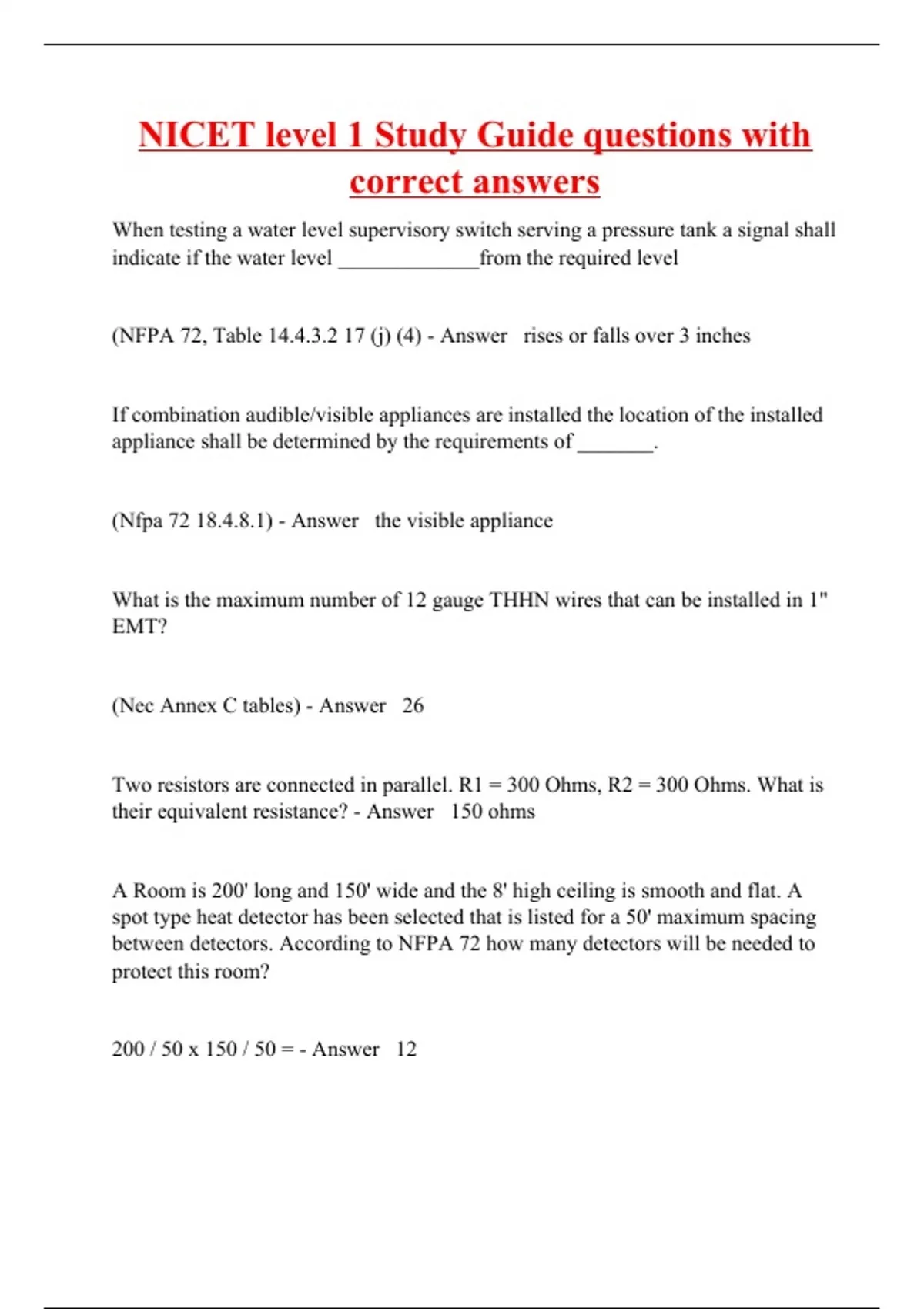 NICET level 1 Study Guide questions with correct answers - NICET I/II ...