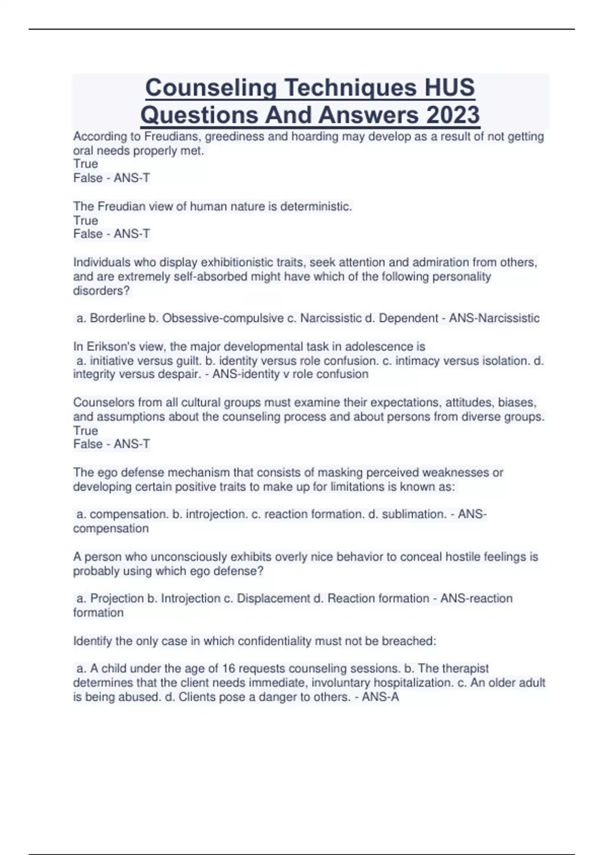 Counseling Techniques HUS Questions And Answers 2023 - Counseling Techniques HUS Question And ...