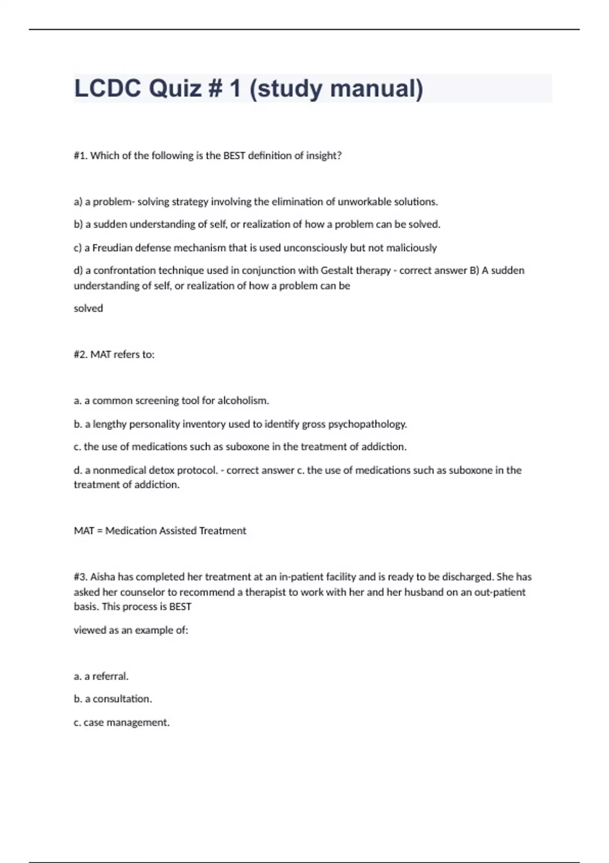 LCDC Quiz # 1 (study manual) correctly answered rated A+ 2023 - LCDC - Stuvia US