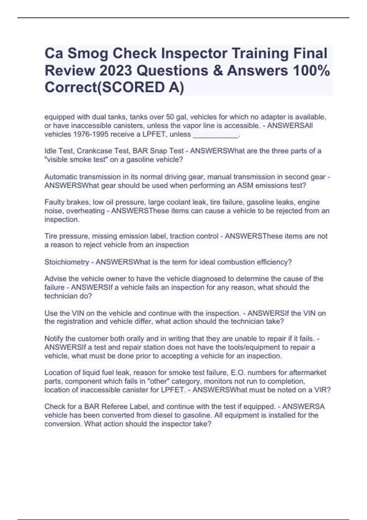 Ca Smog Check Inspector Training Final Review 2023 Questions & Answers ...