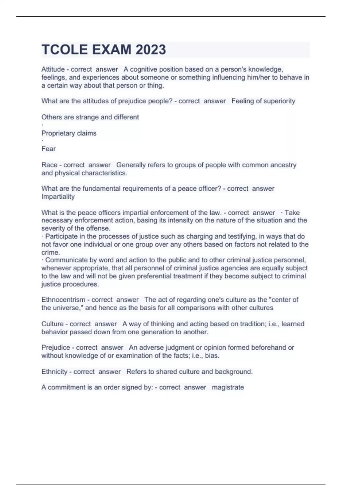 TCOLE EXAM 2023 Question and answers rated A+ 2023 - TCOLE - Stuvia US