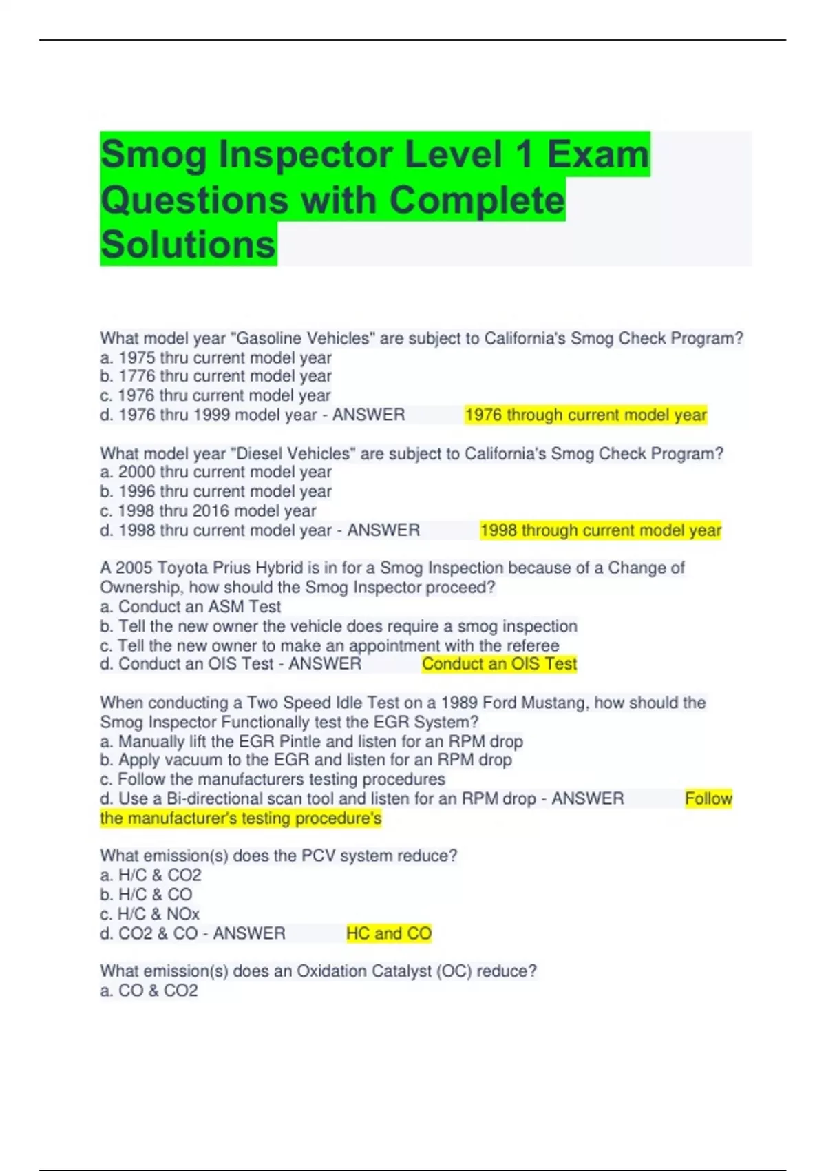 Smog Inspector Level 1 Exam Questions with Complete Solutions - Smog ...