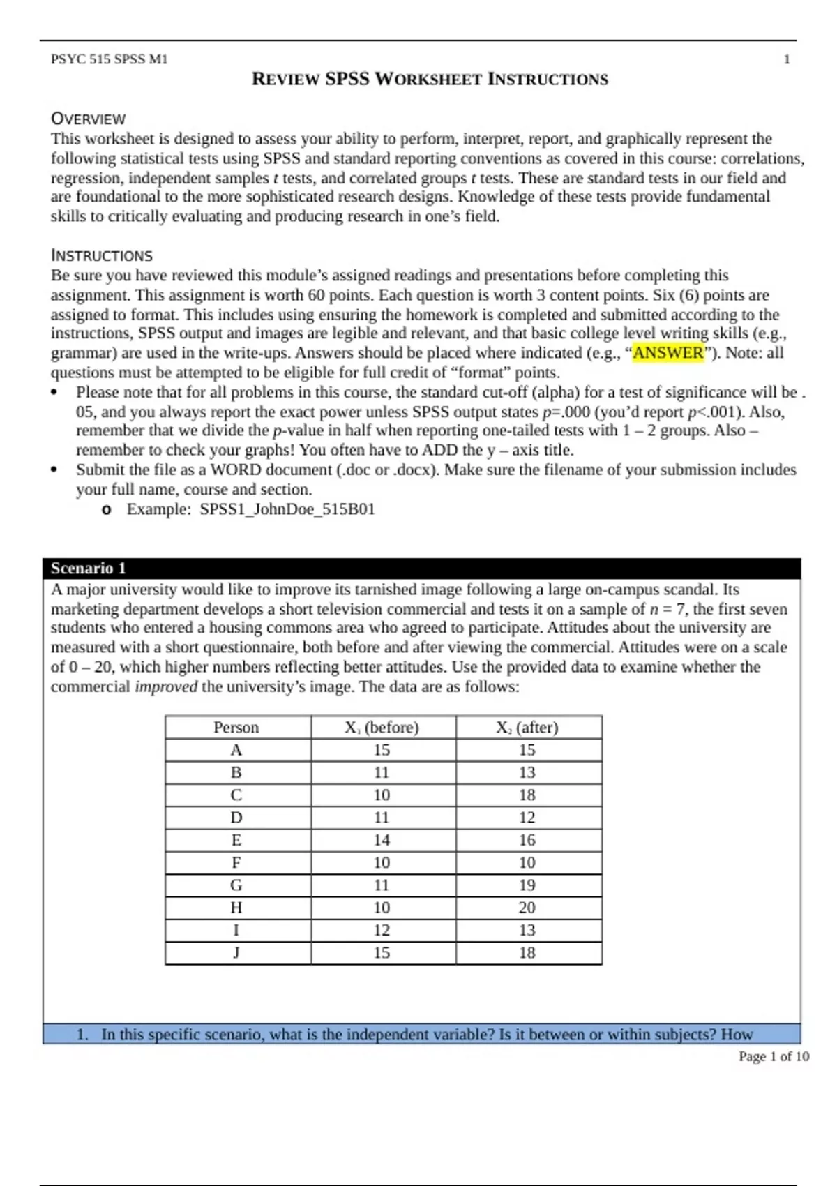 PSYC 515 SPSS M1 REVIEW SPSS WORKSHEET INSTRUCTIONS Answered 2023 ...