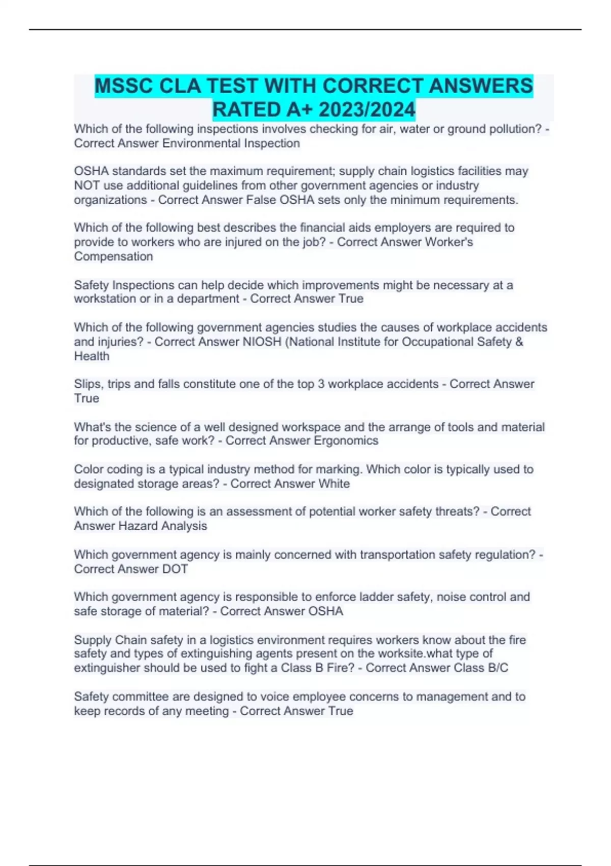 MSSC CLA TEST WITH CORRECT ANSWERS RATED A+ 2023/2024 - MSSC CLA ...