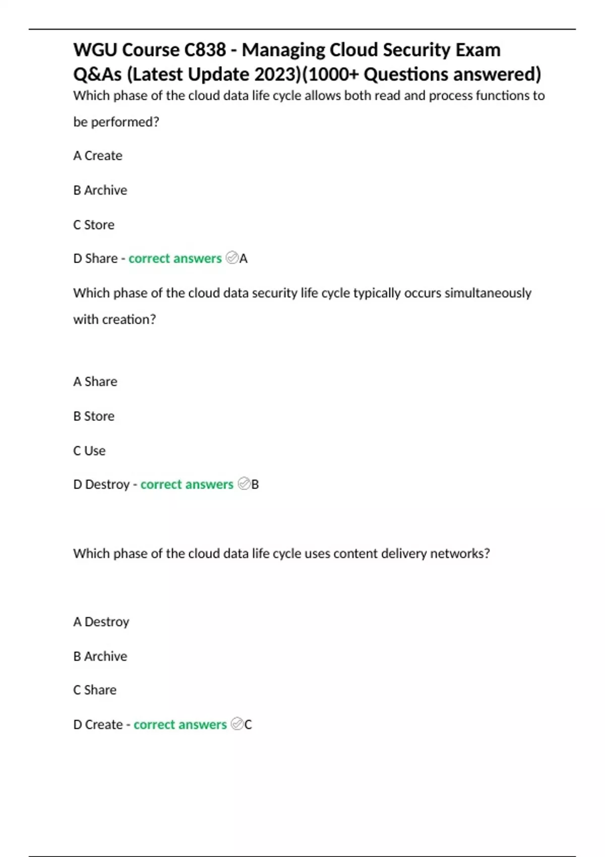WGU Course C838 - Managing Cloud Security Exam Q&As (Latest Update 2023 ...