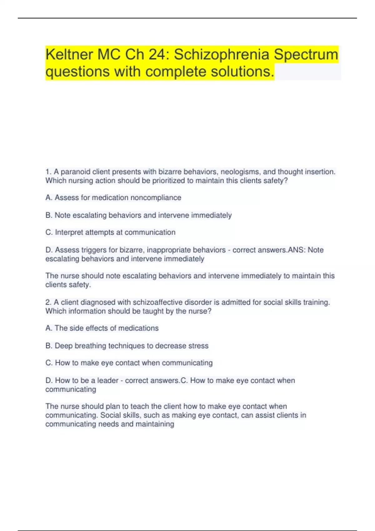 Keltner MC Ch 24: Schizophrenia Spectrum questions with complete ...