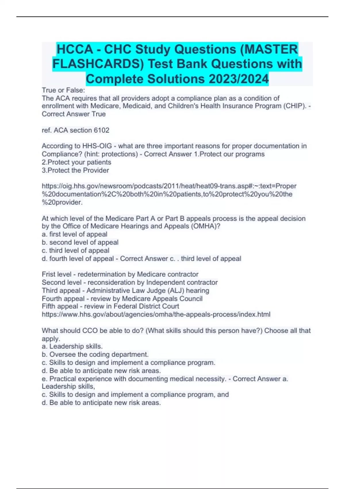 HCCA - CHC Study Questions (MASTER FLASHCARDS) Test Bank Questions with ...