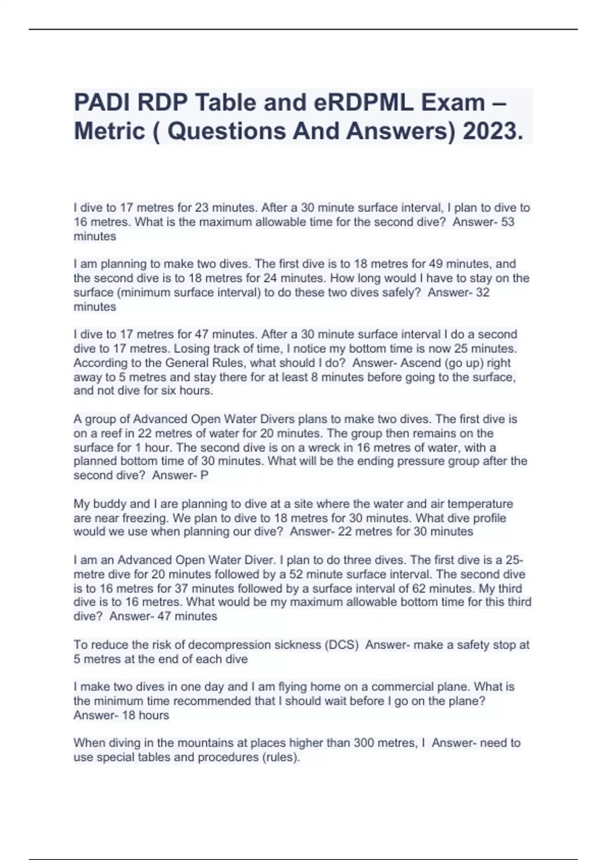 PADI RDP Table and eRDPML Exam – Metric ( Questions And Answers) 2023. - PADI RDP Table and ...