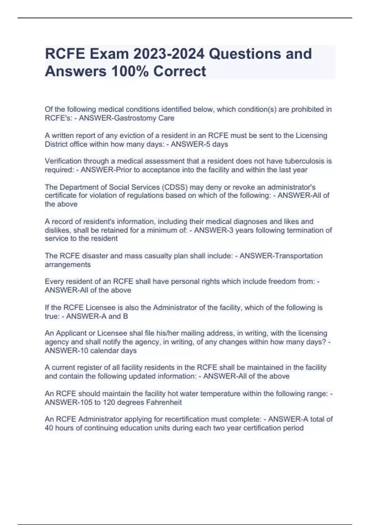 RCFE Exam Questions and Answers 100% Correct - Rcfe - Stuvia US