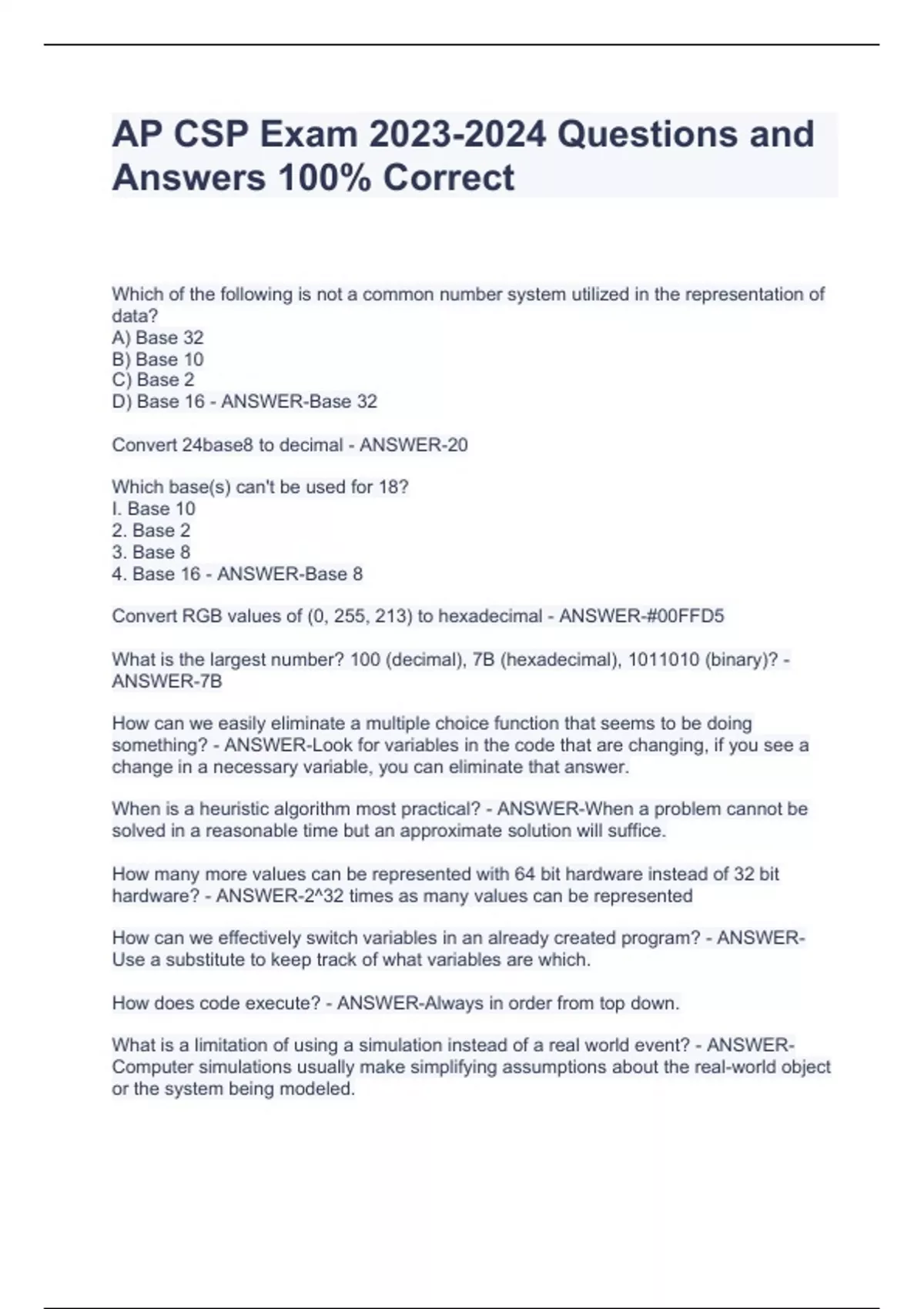 Ap Csp Exam Questions And Answers 100 Correct Ap Csp Stuvia Us