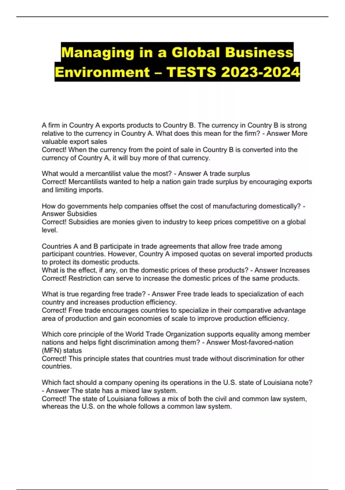 Managing in a Global Business Environment – TESTS - Managing in a ...