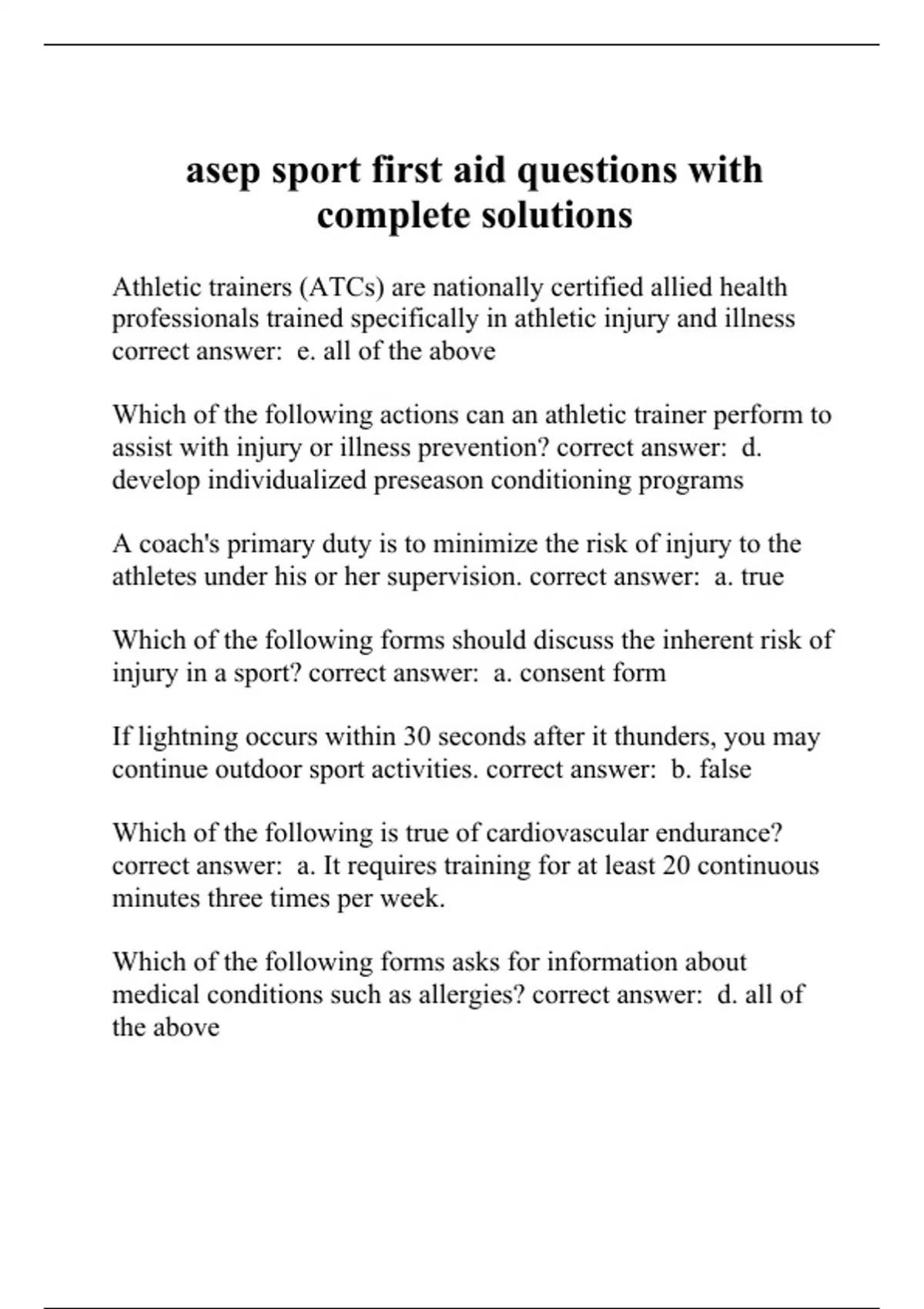 asep sport first aid questions with complete solutions - ASEP - Stuvia US