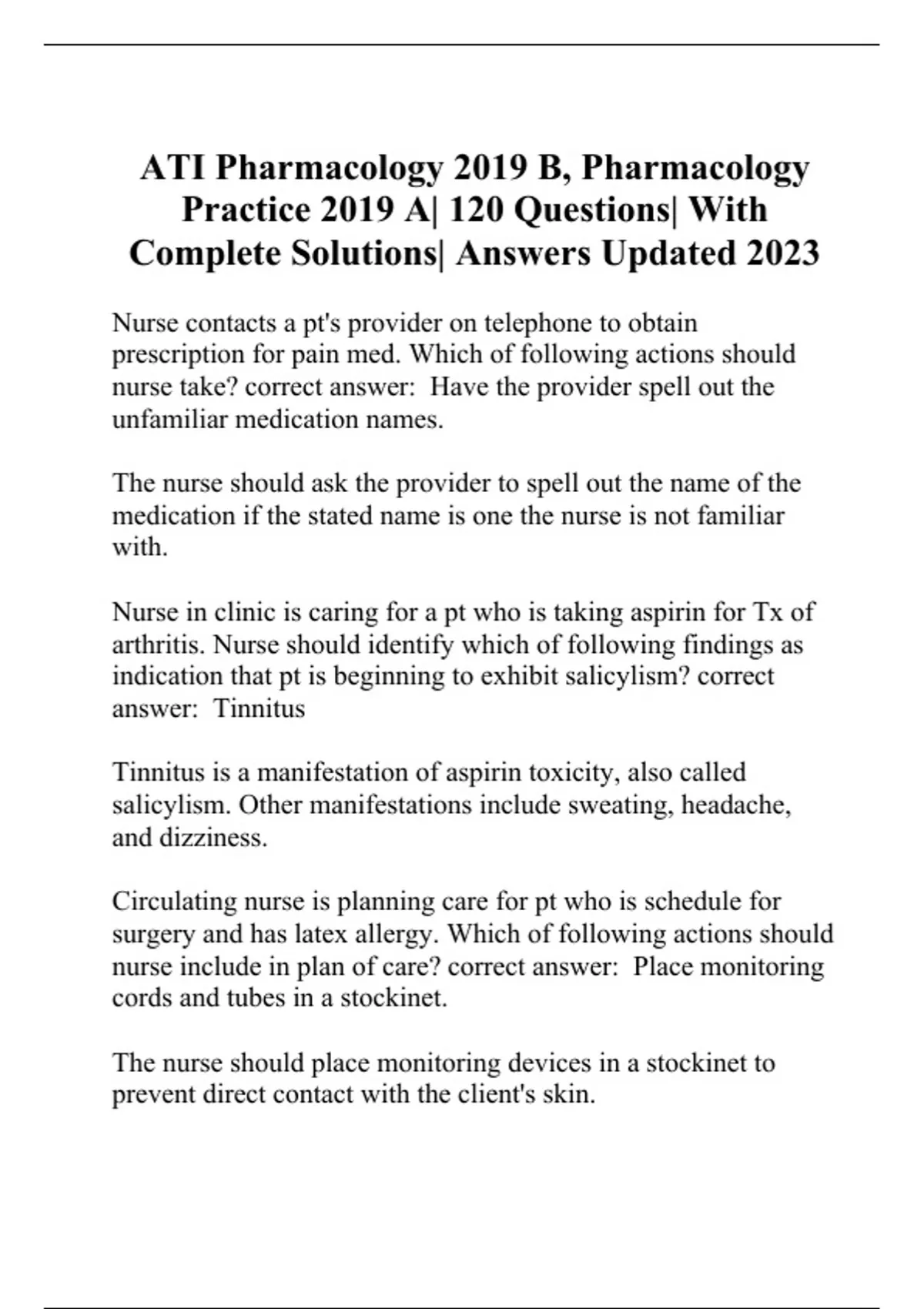 ATI Pharmacology 2019 B, Pharmacology Practice 2019 A| 120 Questions ...