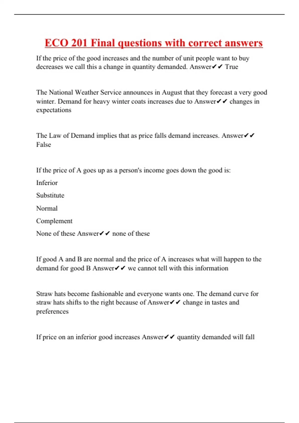 ECO 201 Final questions with correct answers - ECO 201 - Stuvia US