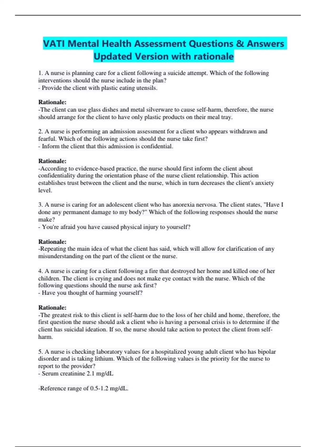 VATI Mental Health Assessment Questions & Answers Updated Version with ...