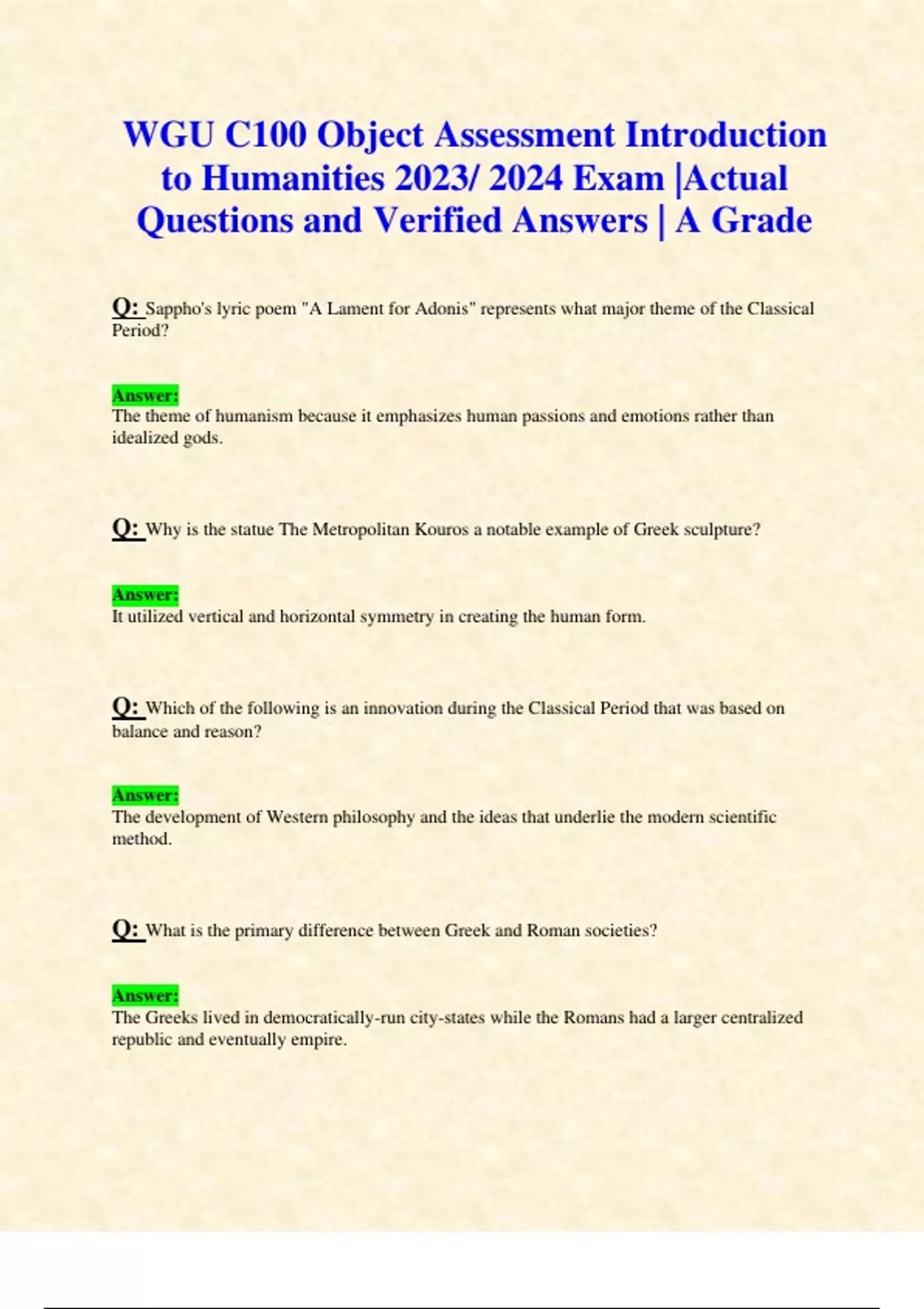 WGU C100 Object Assessment Introduction to Humanities 2023/ 2024 Exam ...