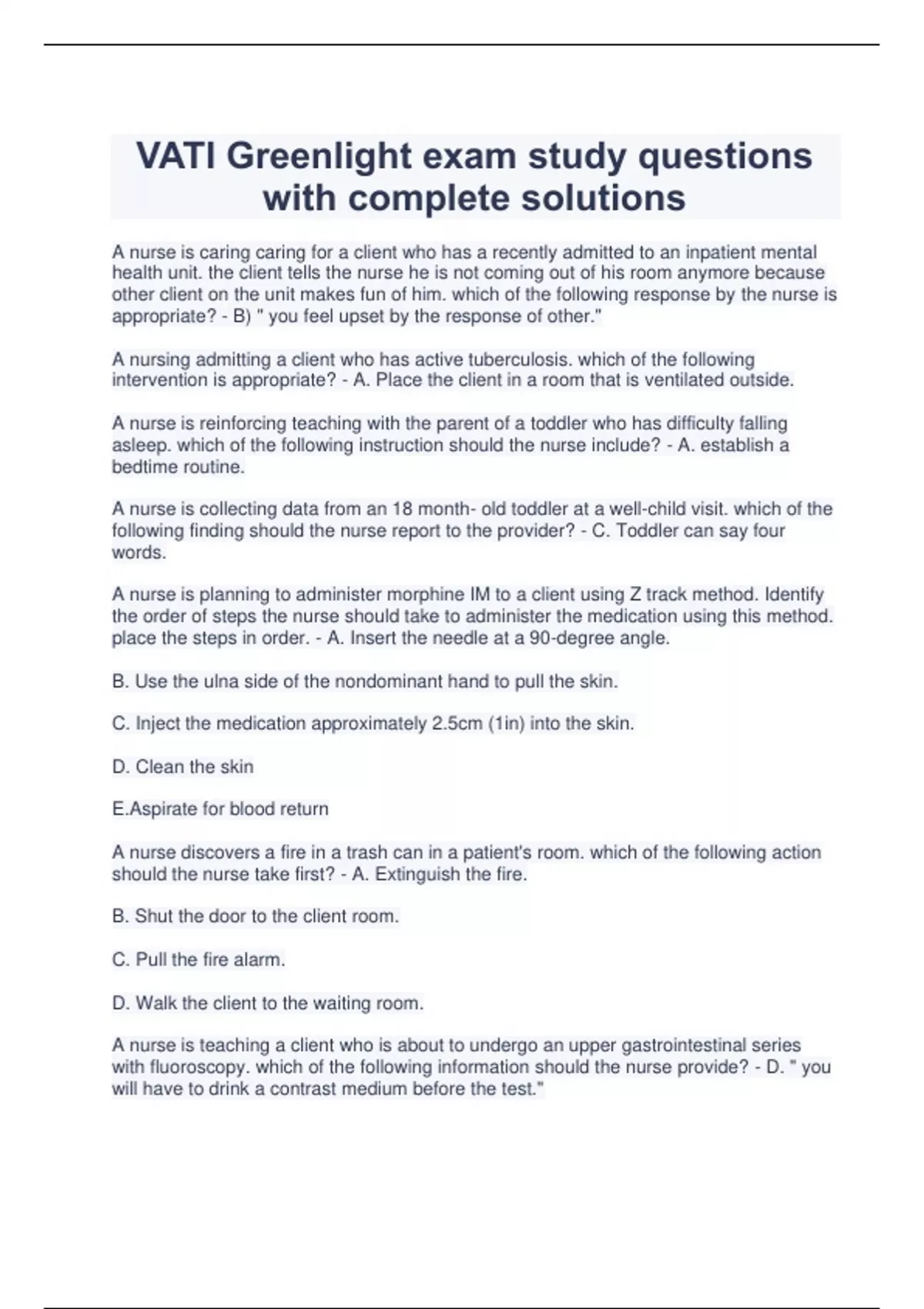 VATI Greenlight exam study questions with complete solutions - VATI Greenlight - Stuvia US