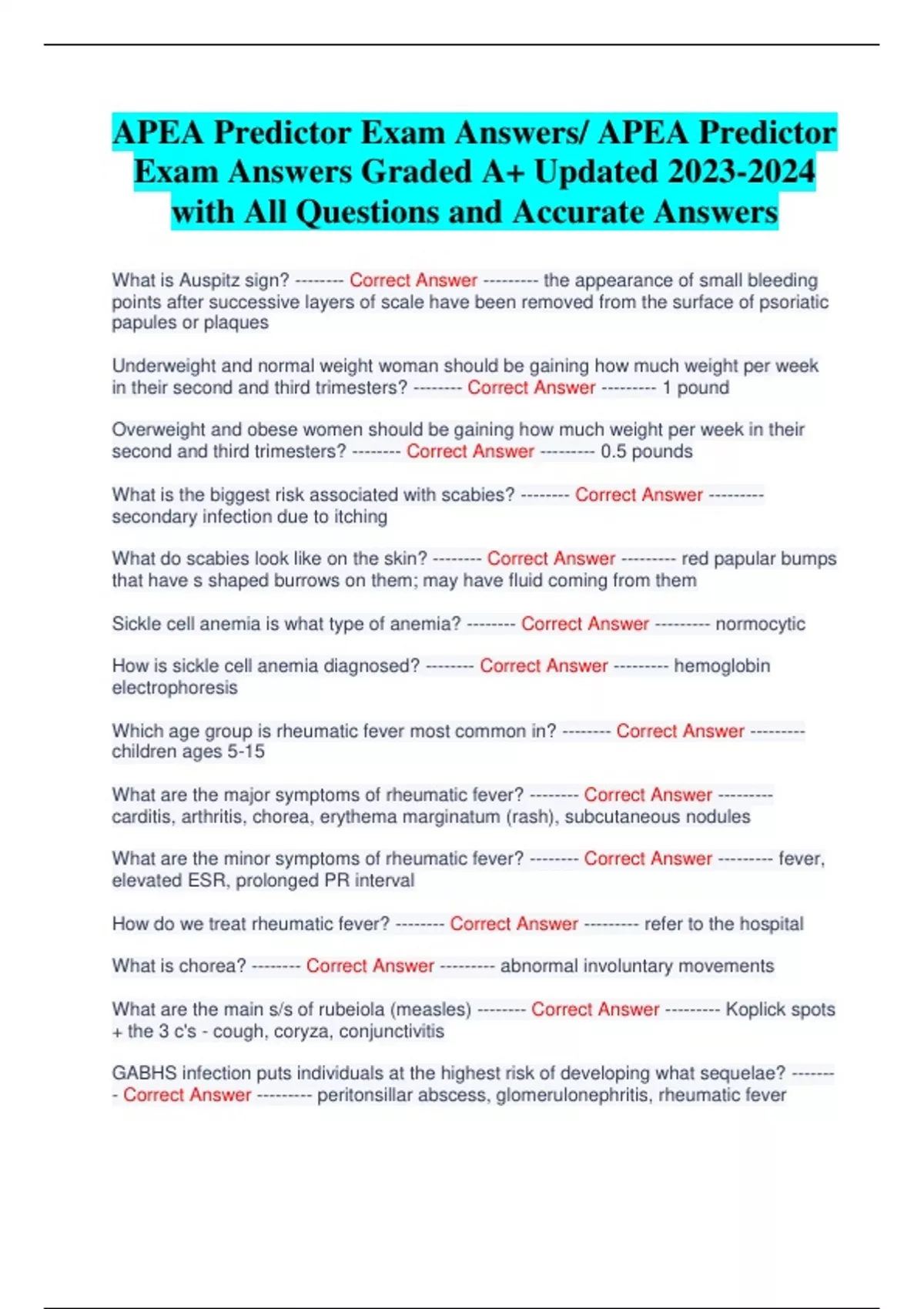 APEA Predictor Exam Answers/ APEA Predictor Exam Answers Graded A+ Updated with All Questions ...