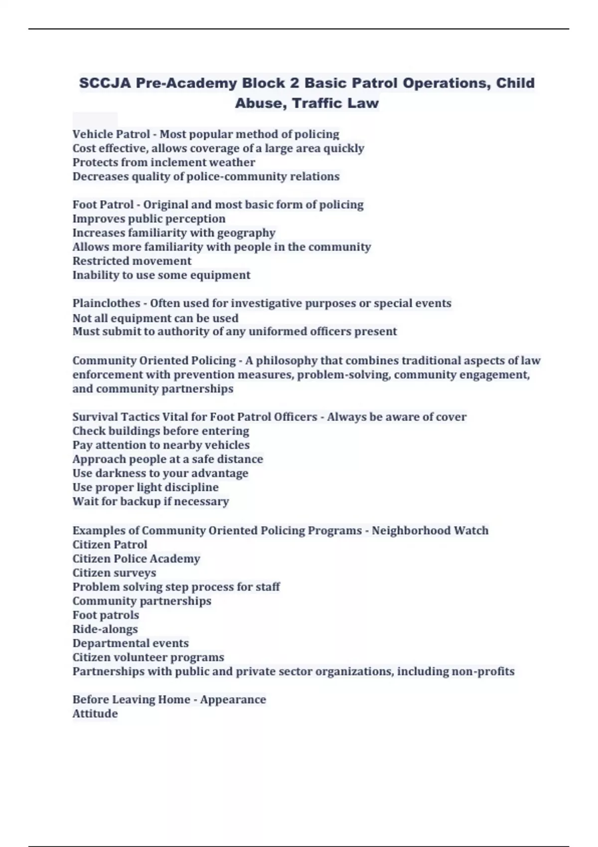 SCCJA Pre-Academy Block 2 Basic Patrol Operations, Child Abuse, Traffic ...