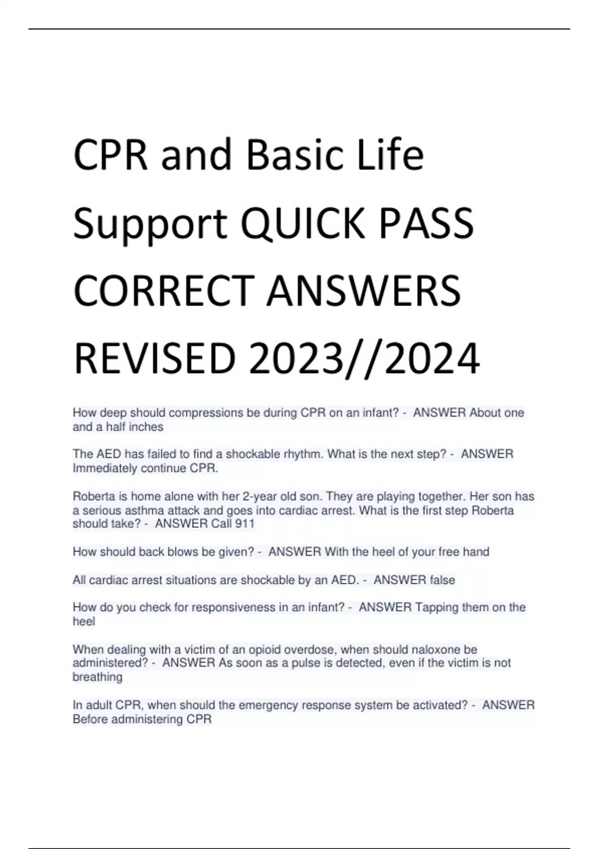 CPR and Basic Life Support QUICK PASS CORRECT ANSWERS REVISED 2023 ...