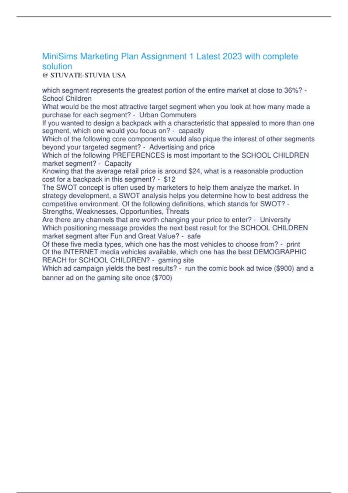 MiniSims Marketing Plan Assignment 1 Latest 2023 with complete solution ...