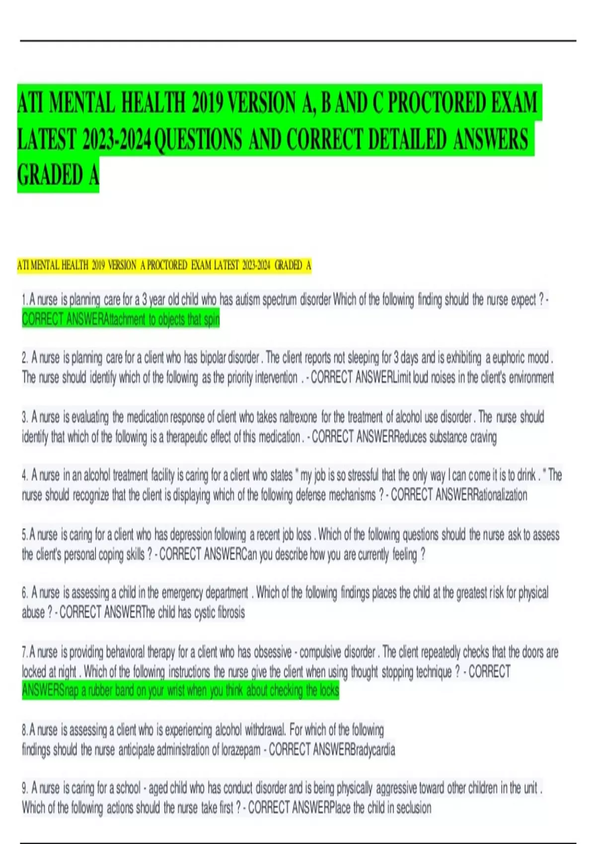 ATI MENTAL HEALTH 2019 VERSION A, B AND C PROCTORED EXAM LATEST ...