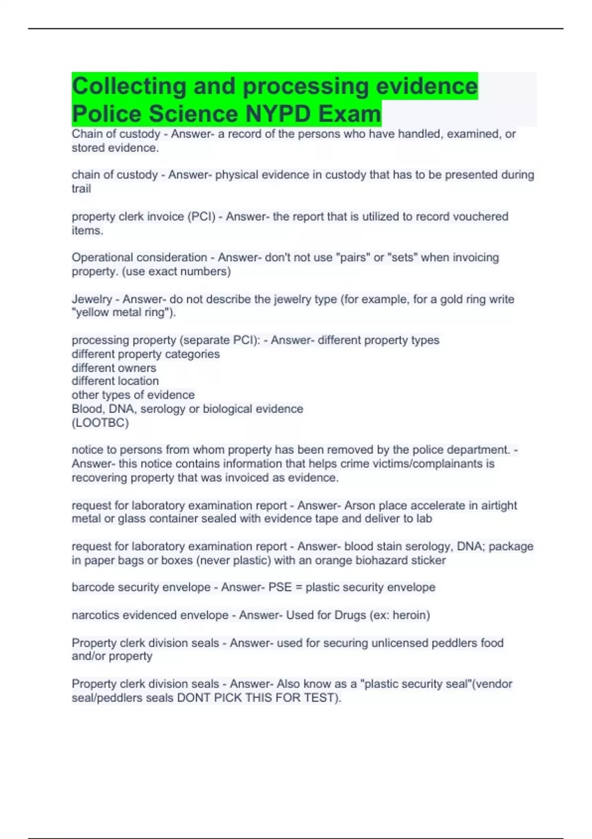 Collecting and processing evidence Police Science NYPD Exam ...