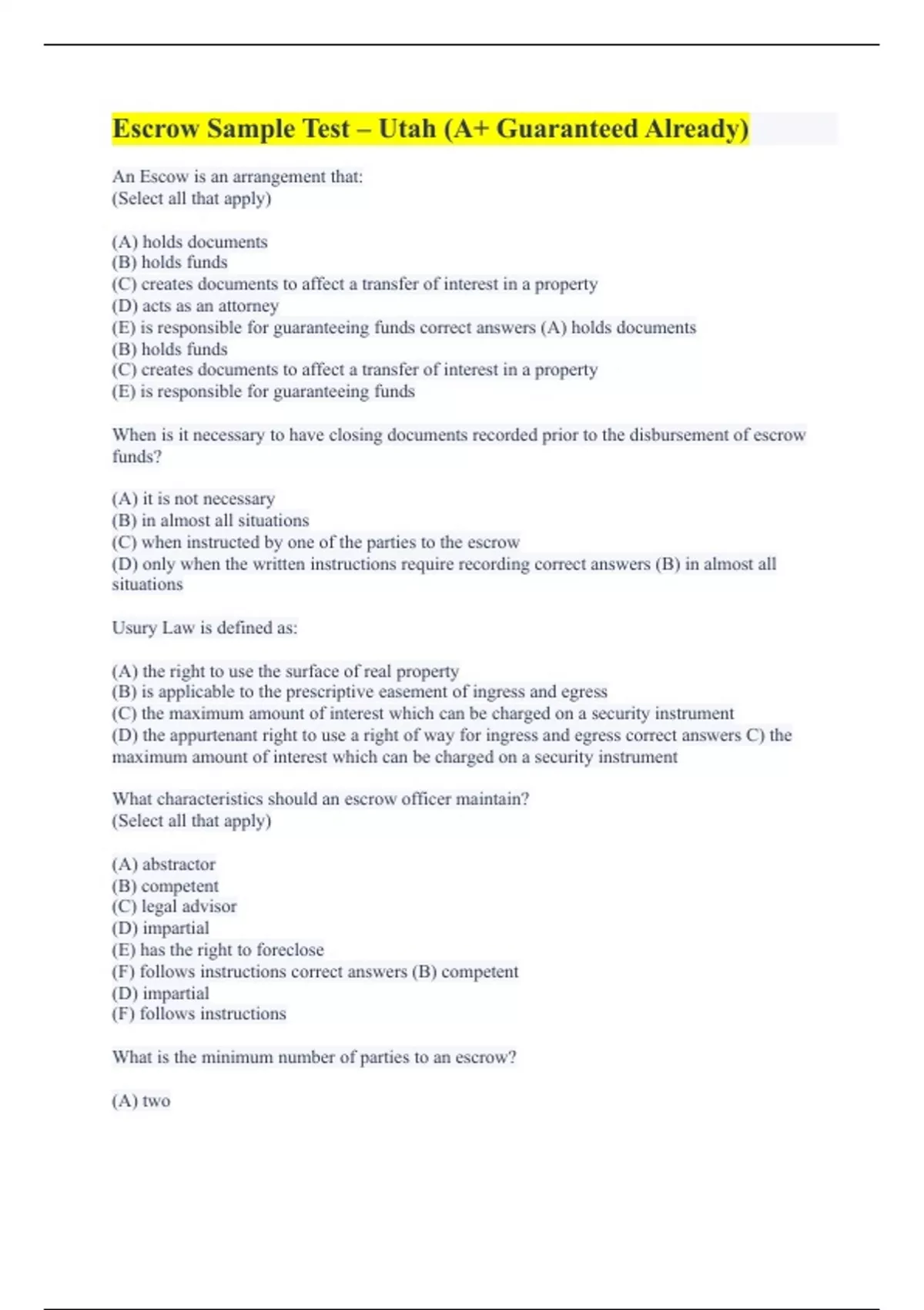 Escrow Sample Test – Utah (A+ Guaranteed Already) - Escrow - Utah ...
