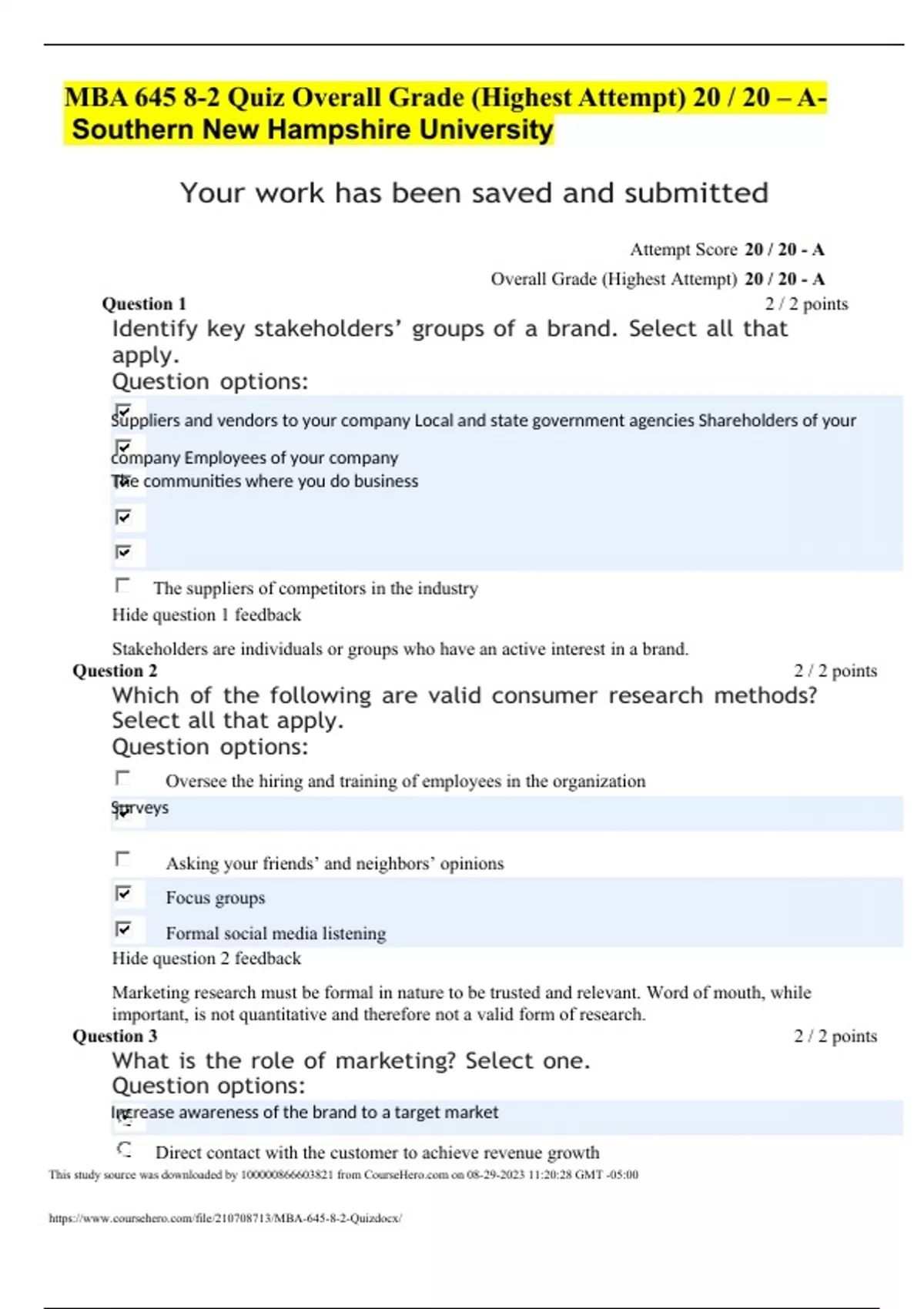 MBA 645 8-2 Quiz Overall Grade (Highest Attempt) 20 / 20 – A- Southern ...