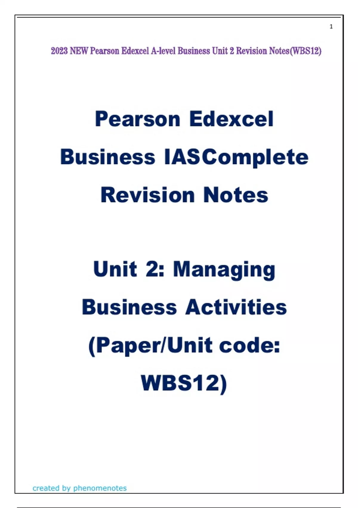2023 NEW Pearson Edexcel A-level Business Unit 2 Revision Notes(WBS12 ...