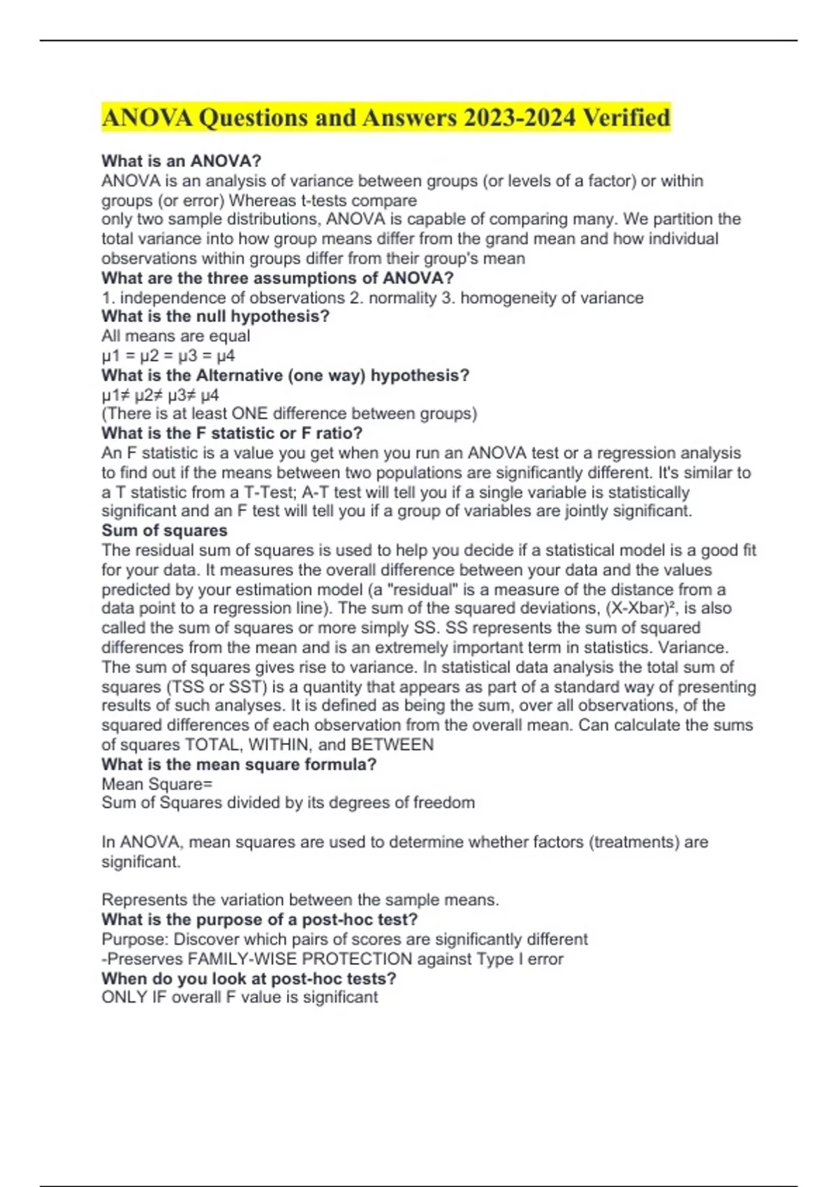 ANOVA Questions and Answers Verified - ANOVA - Stuvia US