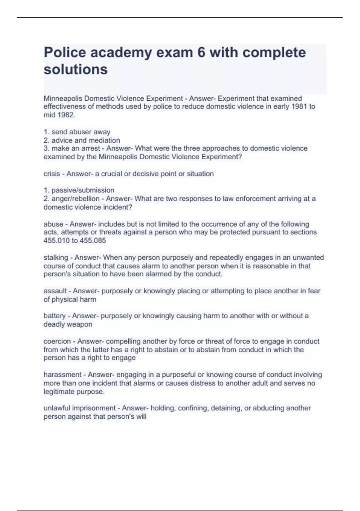 Police academy exam 6 with complete solutions - Police academy ...