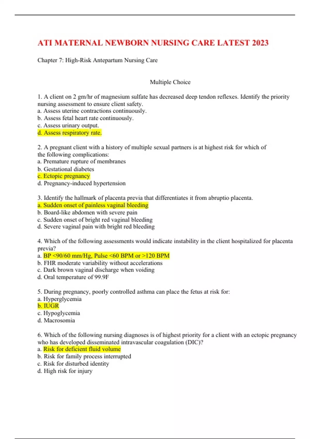 ATI MATERNAL NEWBORN NURSING CARE LATEST 2023 - ATI MATERNAL NEWBORN ...