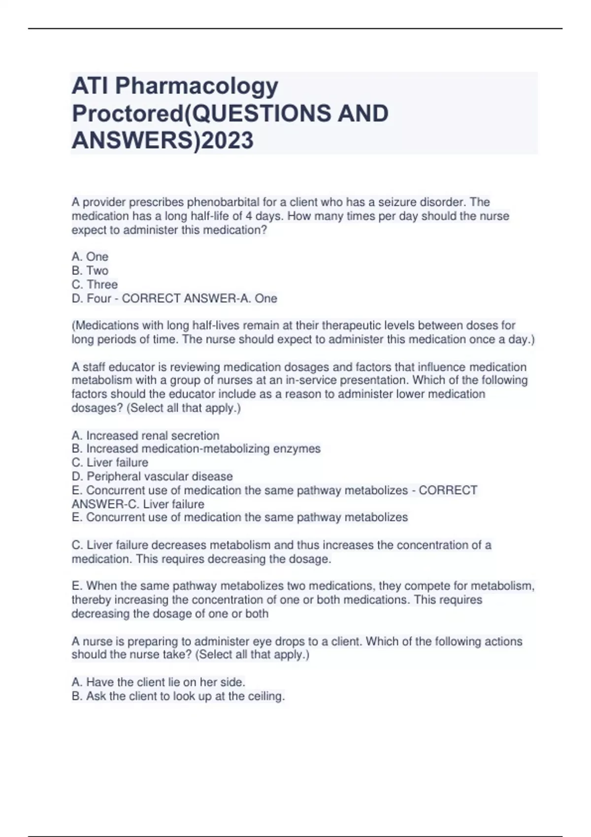 ATI Pharmacology Proctored(QUESTIONS AND ANSWERS)2023 - ATI ...