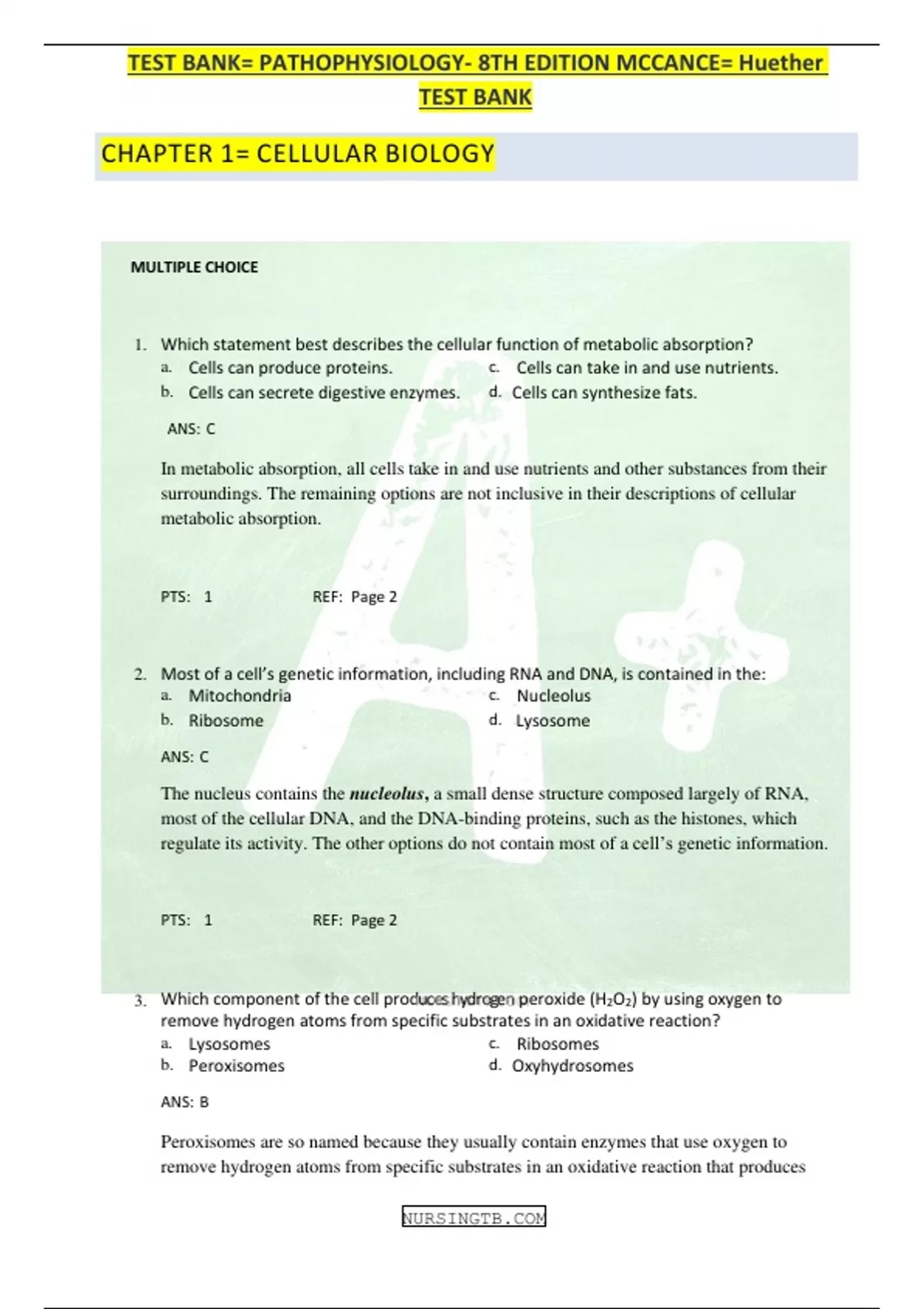 TEST BANK PATHOPHYSIOLOGY- 8TH EDITION MCCANCE Huether TEST BANK ...