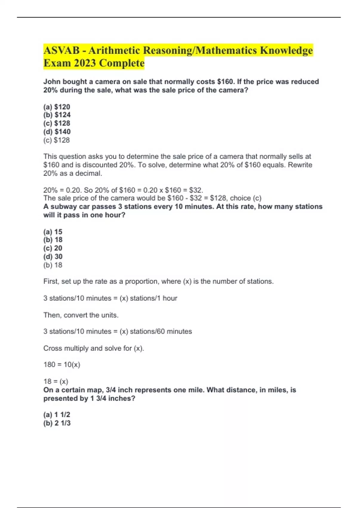 ASVAB - Arithmetic Reasoning/Mathematics Knowledge Exam 2023 Complete ...