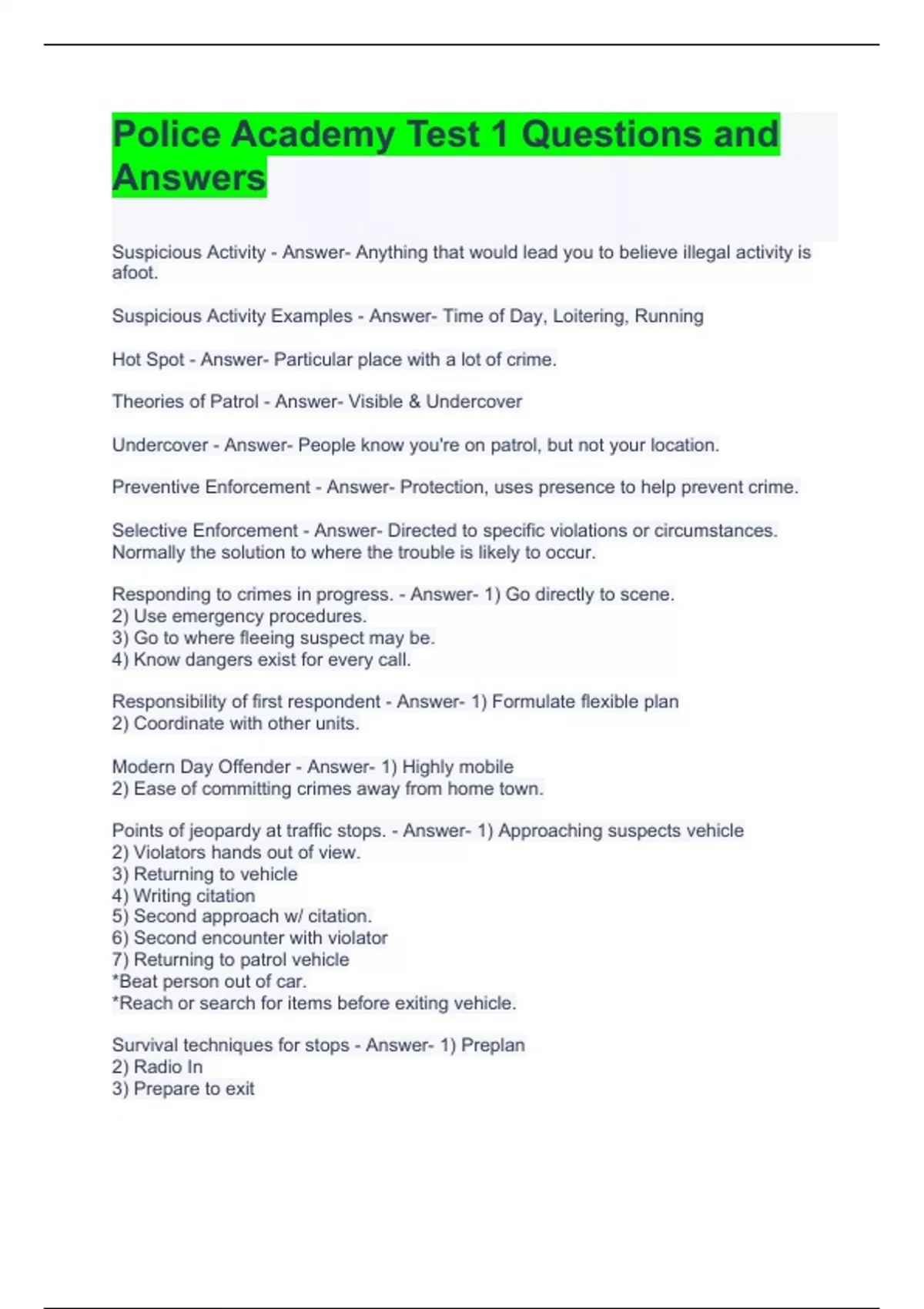 Police Academy Test 1 Questions and Answers - Police Academy - Stuvia US