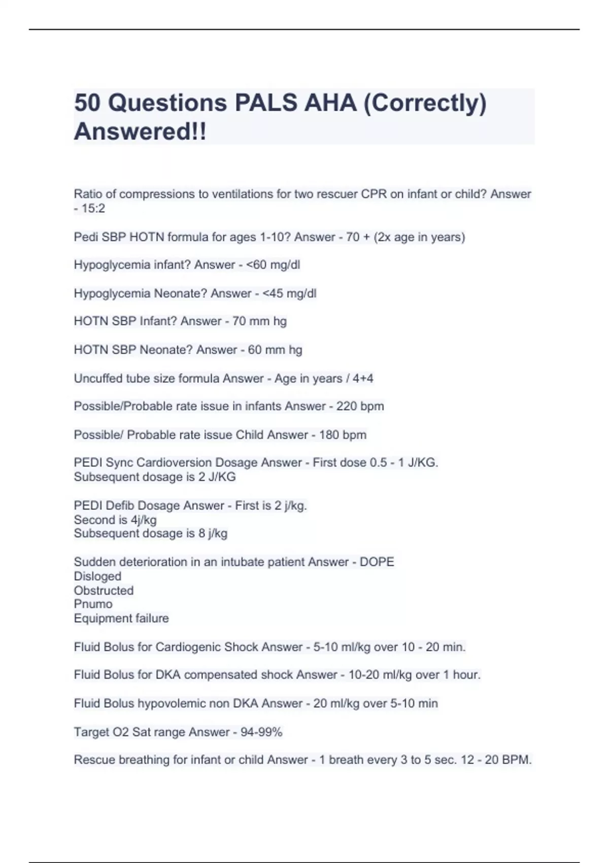 50 Questions PALS AHA (Correctly) Answered!! - AHA PALS - Stuvia US