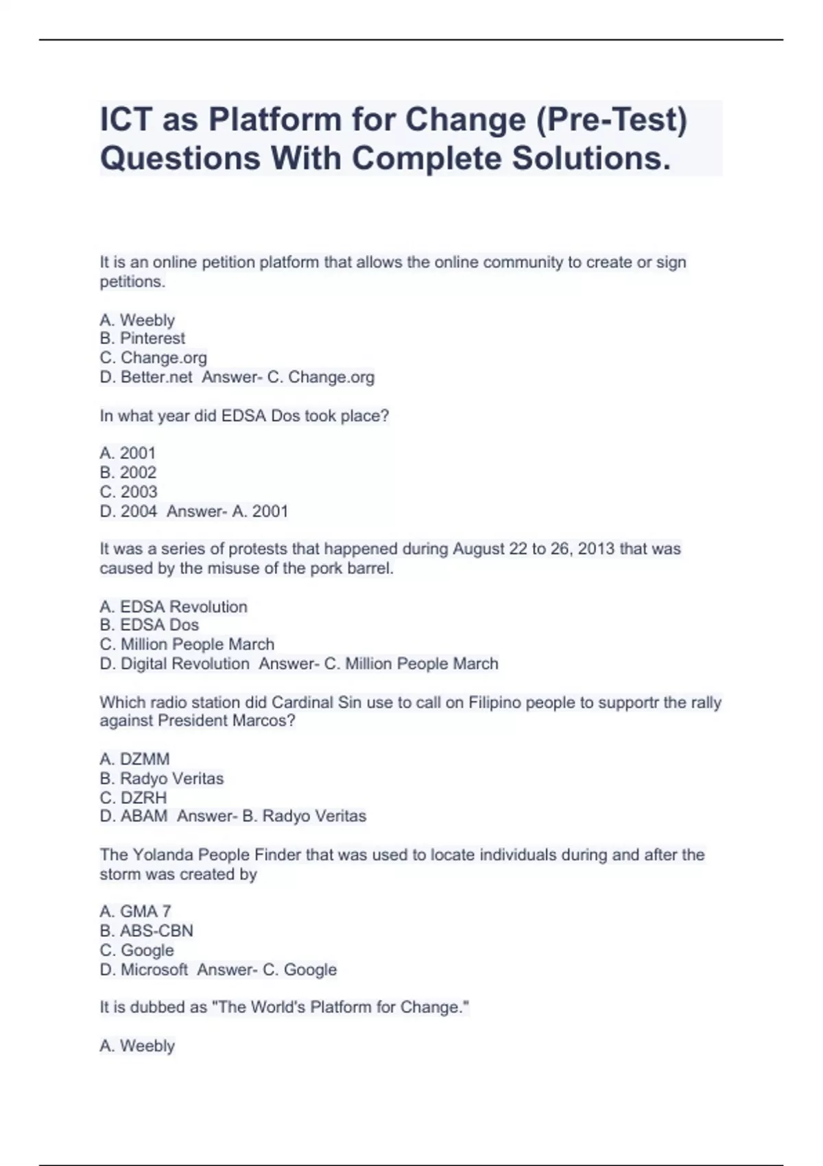 ICT as Platform for Change (Pre-Test) Questions With Complete Solutions ...