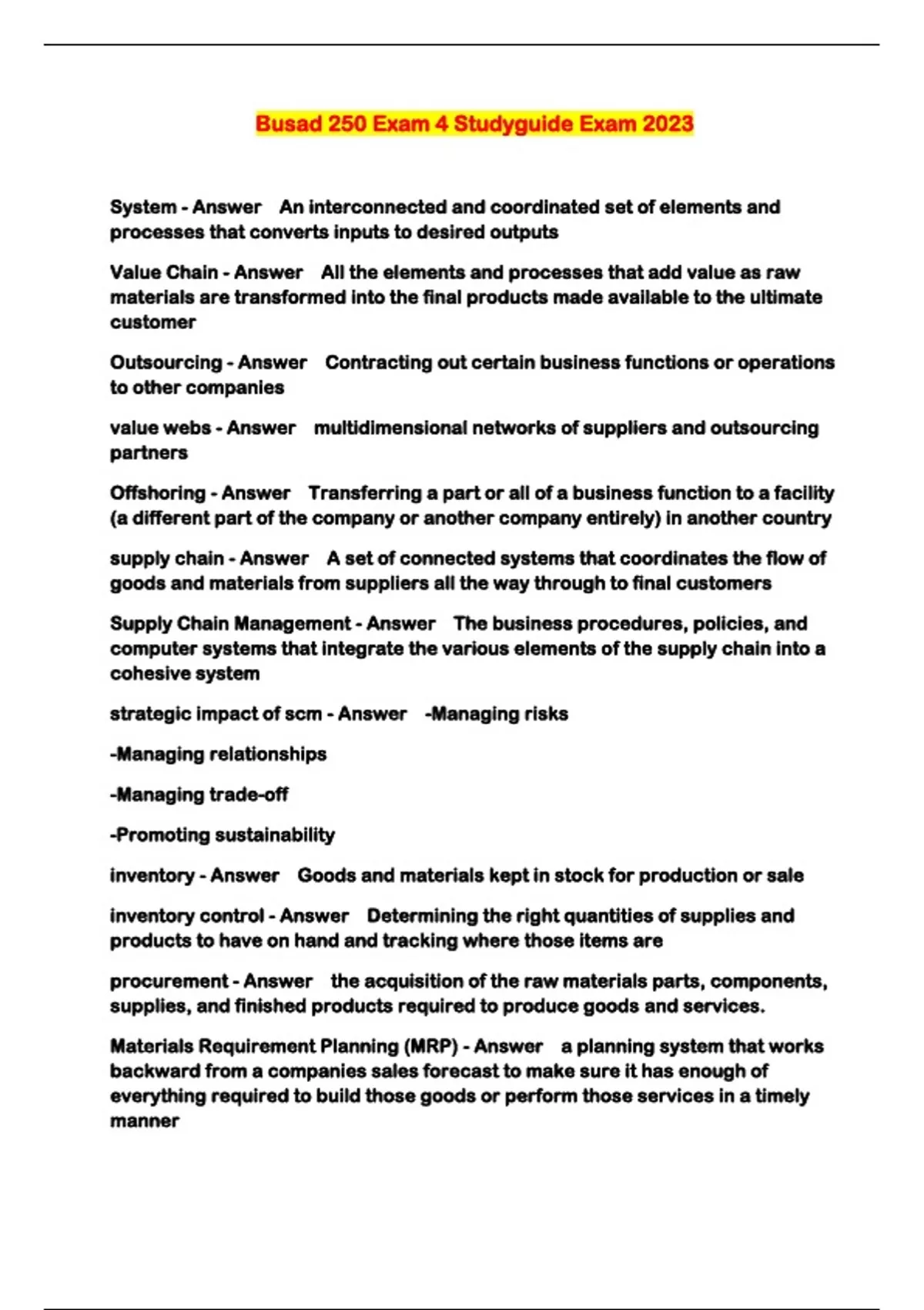Busad 250 Exam 4 Studyguide Exam 2023 - Busad 250 - Stuvia US