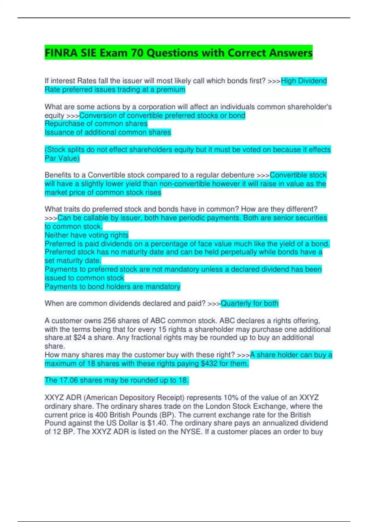 FINRA SIE Exam 70 Questions with Correct Answers LATEST UPDATE 2023 ...