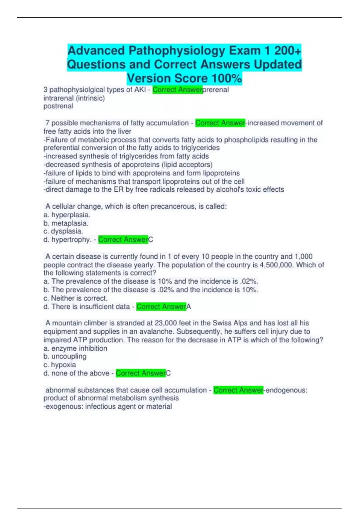 NUR 502 Advanced Pathophysiology Exam 1 Questions and Correct Answers ...