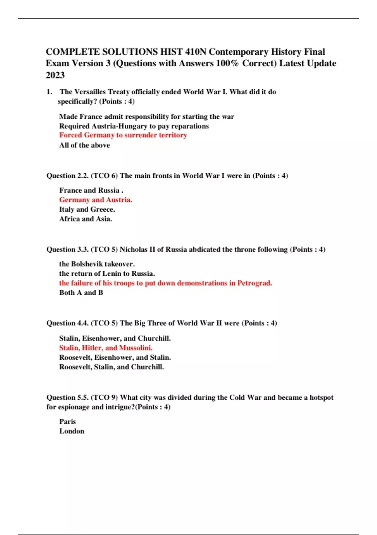 COMPLETE SOLUTIONS HIST 410N Contemporary History Final Exam Version 3 ...